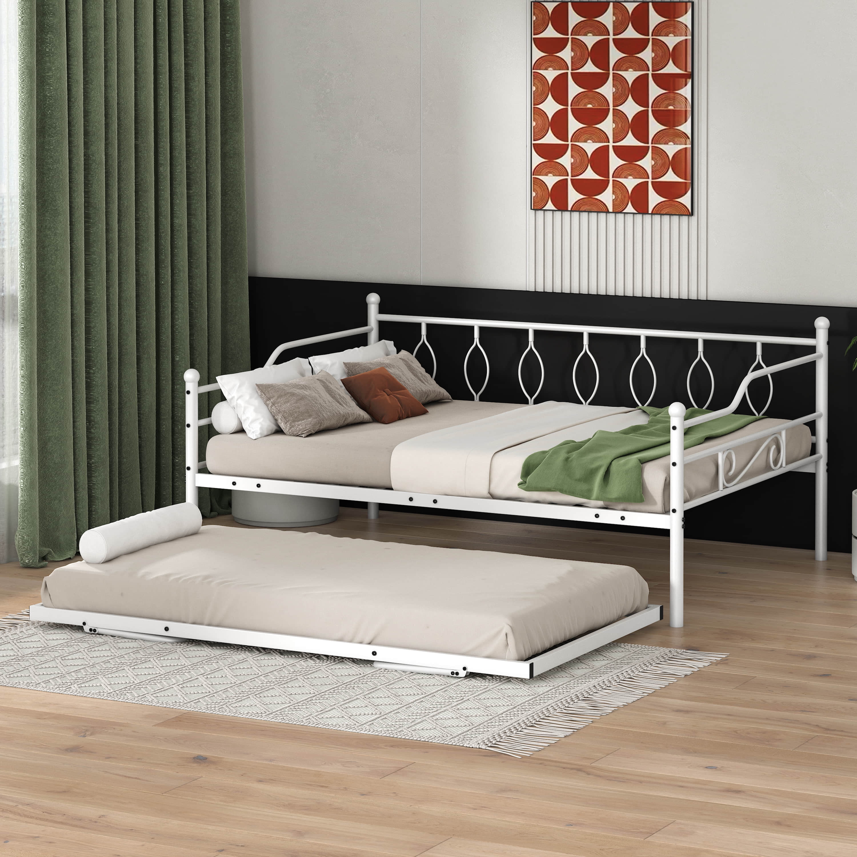 Full Size Metal Daybed with Twin Size Adjustable Trundle, Portable ...