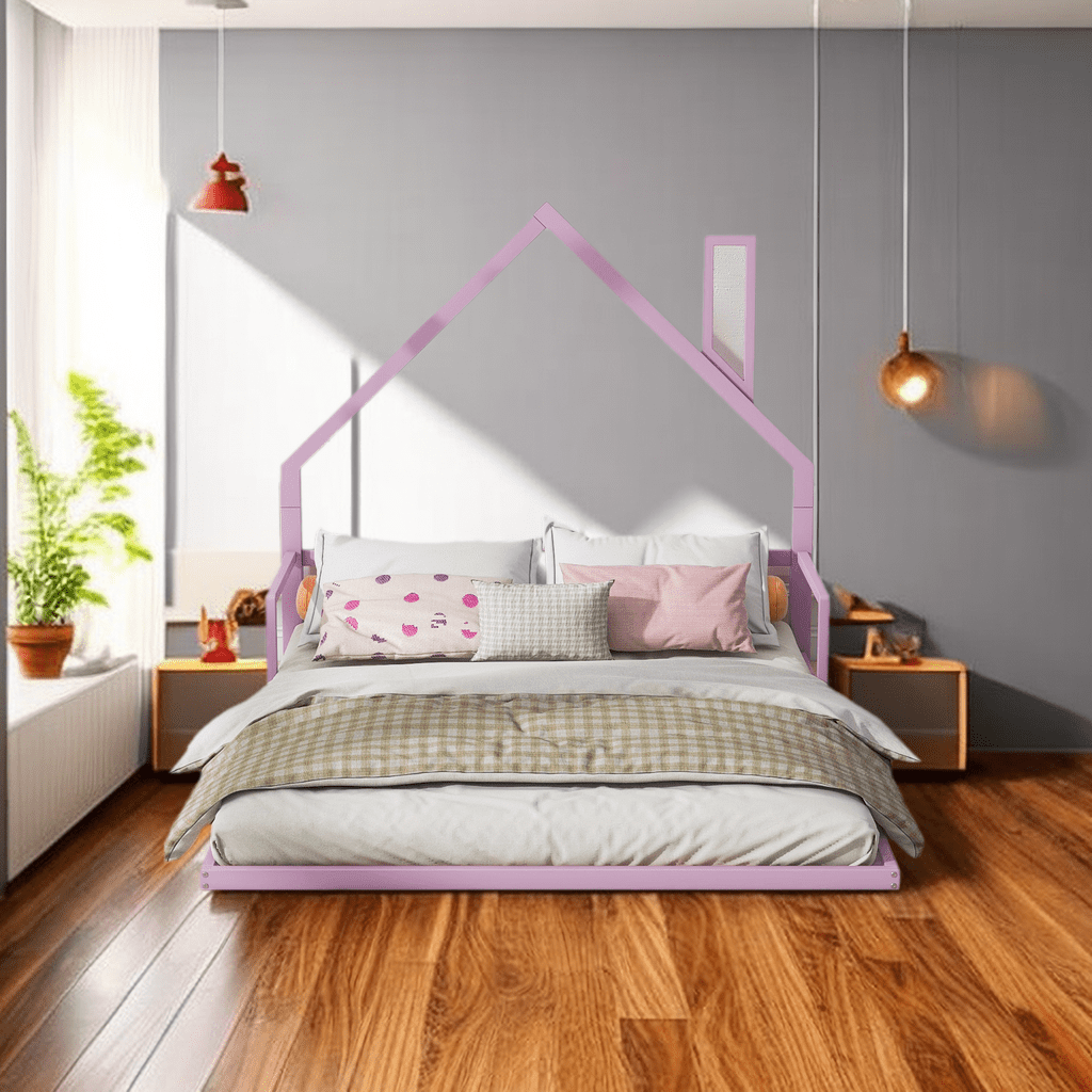 Full Size Metal Floor Bed with House-Shaped Headboard, Funny Full House ...