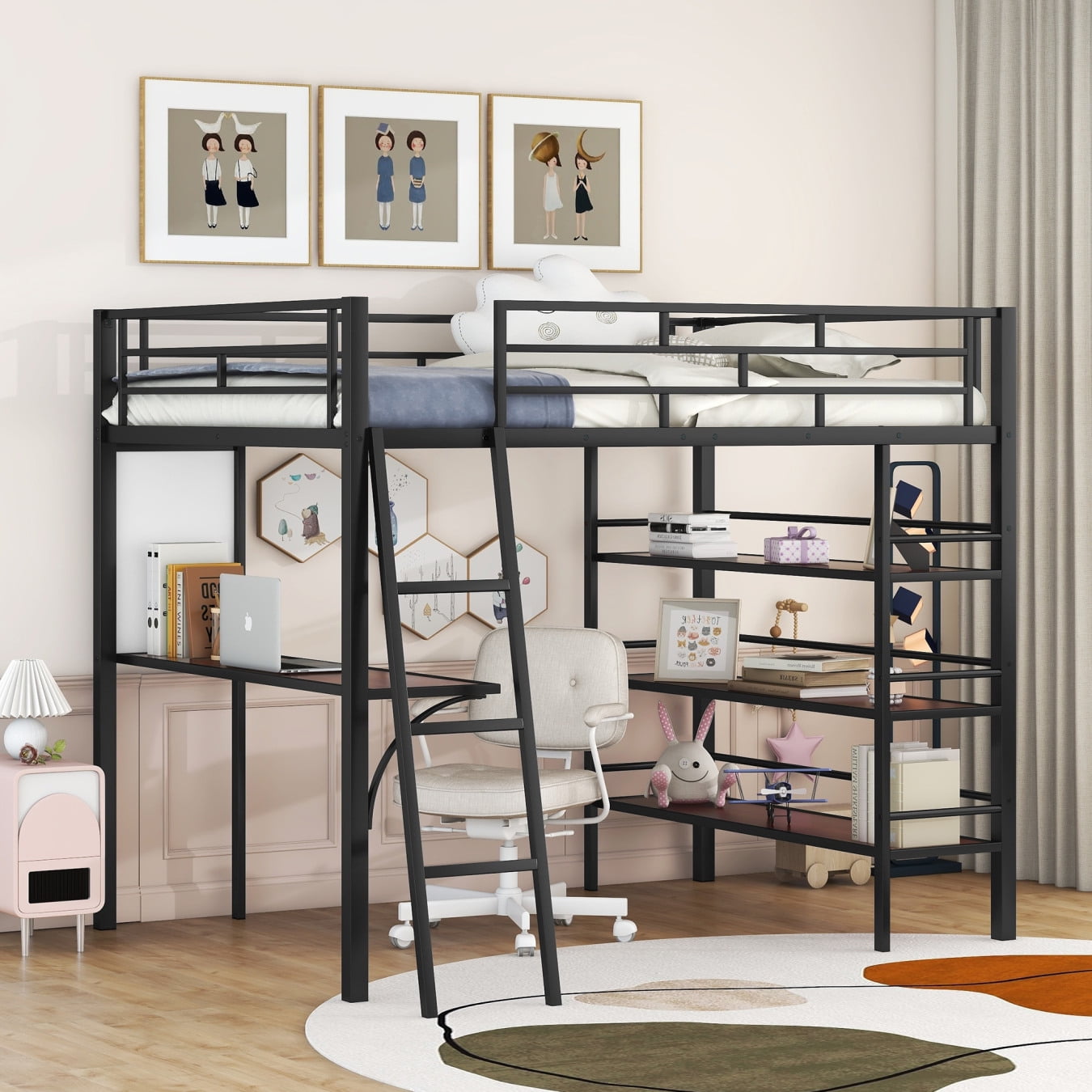 Full Size Metal Loft Bed with 3 Layers of Shelves and Desk, Modern ...
