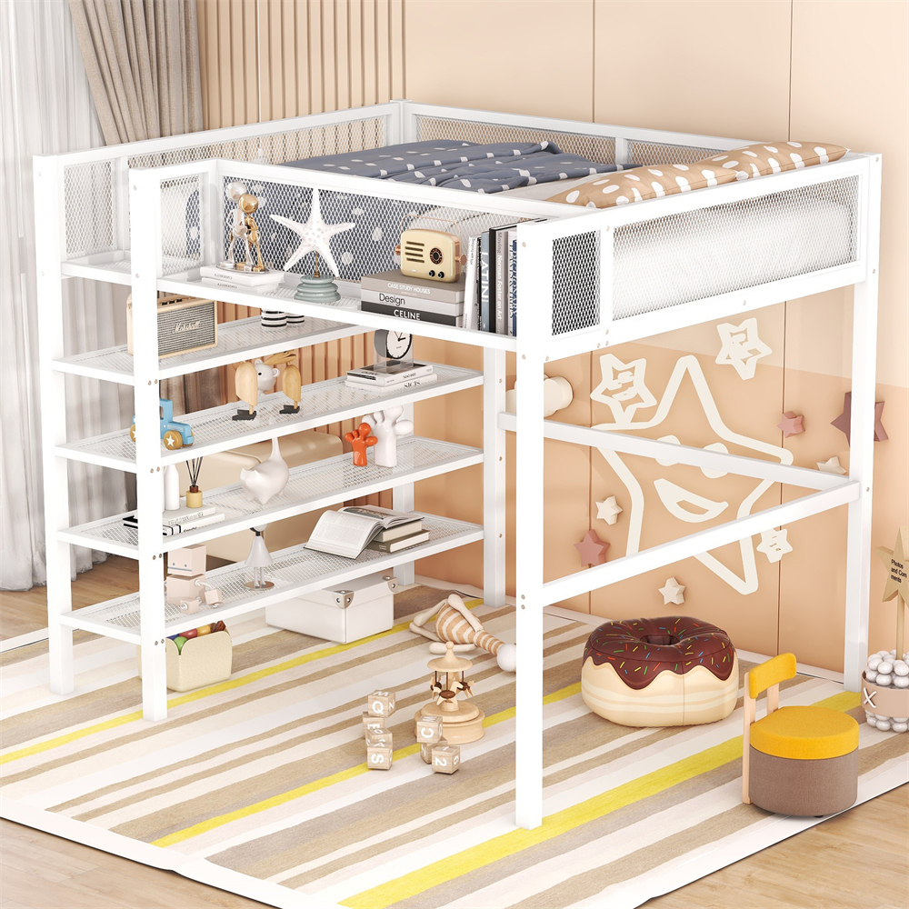 Full Size Metal Loft Bed with 4-Tier Shelves, Modern Full Loft Bed ...
