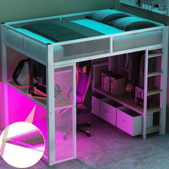 Full Size Metal Loft Bed | Ample Storage Drawers & Sturdy Frame | LED ...