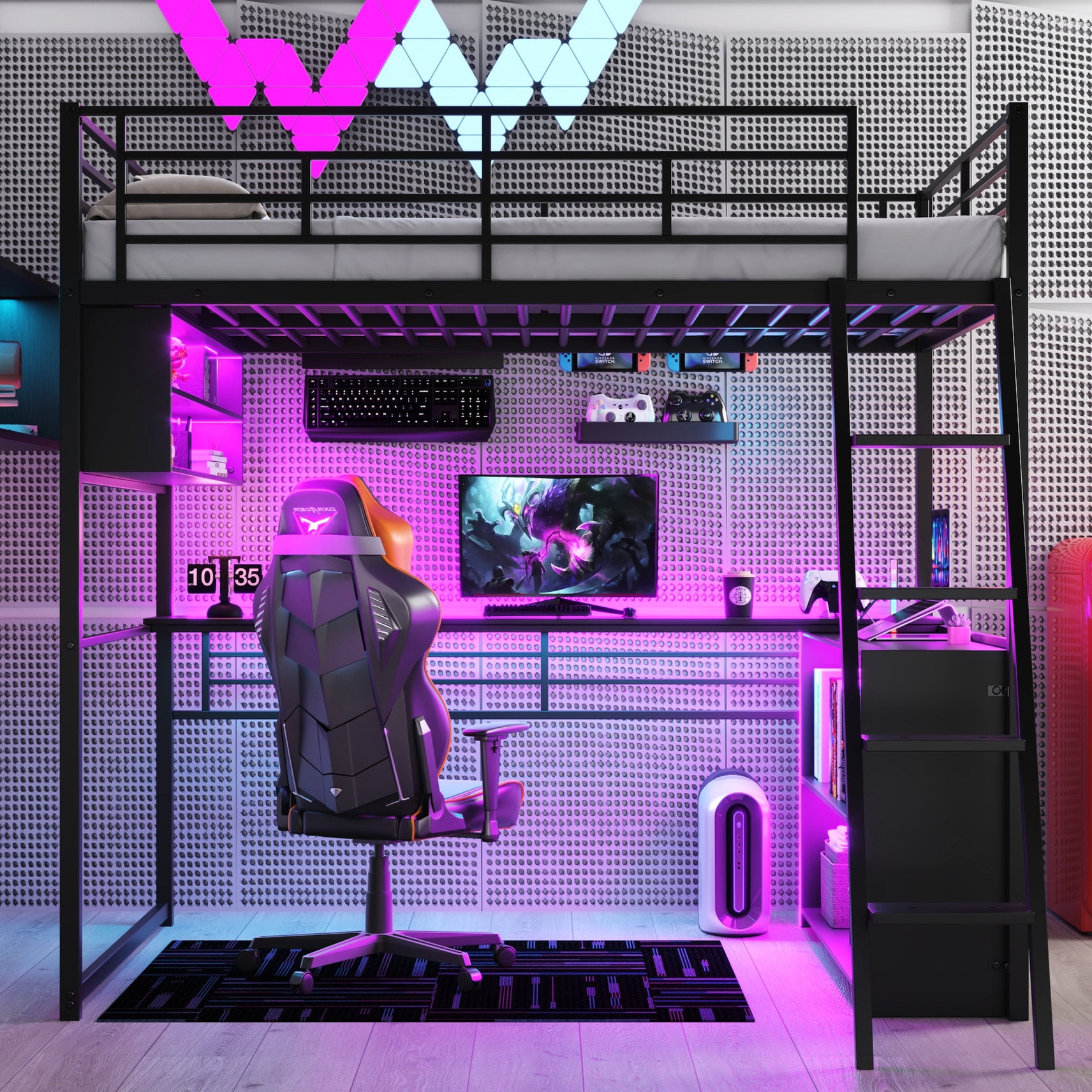 Full Size Metal Loft Bed, Black with LED, Desk and Shelves | LED Light ...