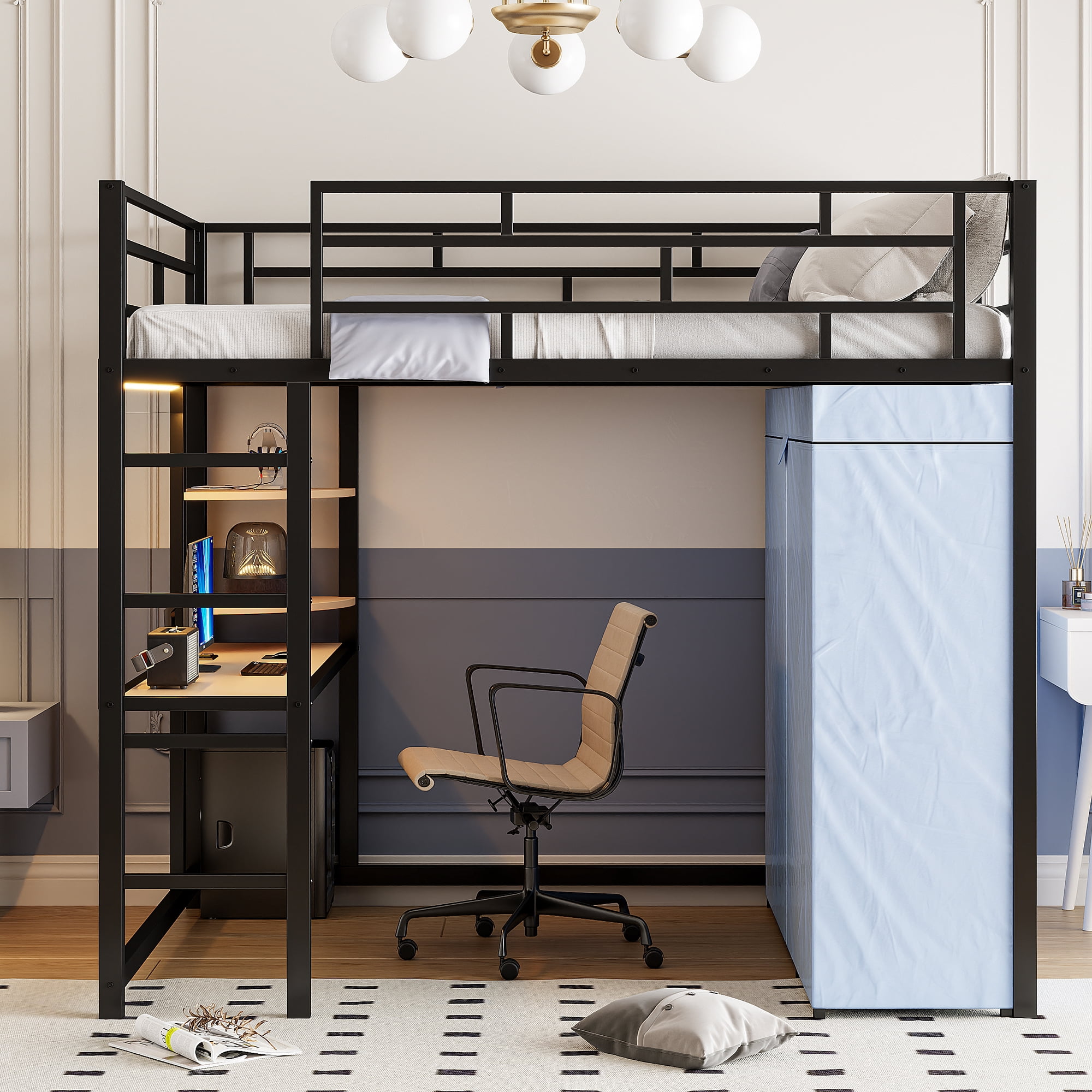 Full Size Metal Loft Bed with Desk and Wardrobe, Heavy Duty Loft Bed Frame with Storage Stairs ...