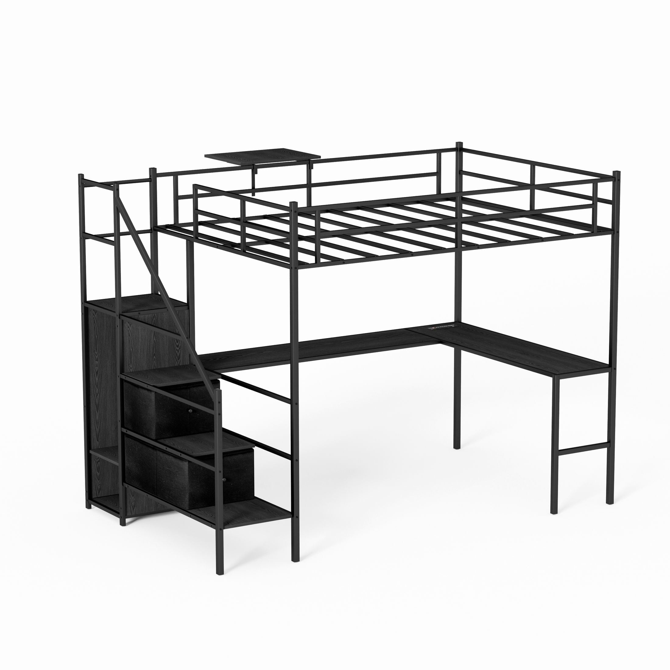 Black Full Size Metal Loft Bed Frame with L-shaped Desk and Safety ...