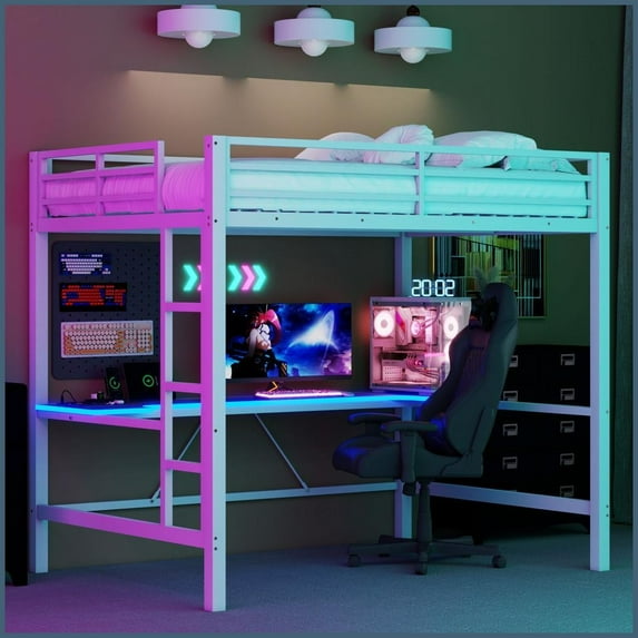 Full Size Metal Loft Bed Frame with LED Lights, USB Charger & Desk ...