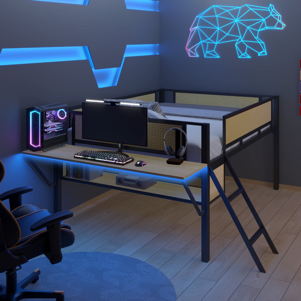 Full Size Metal Loft Bed with Gaming Desk & LED Lighting, Modern Steel ...