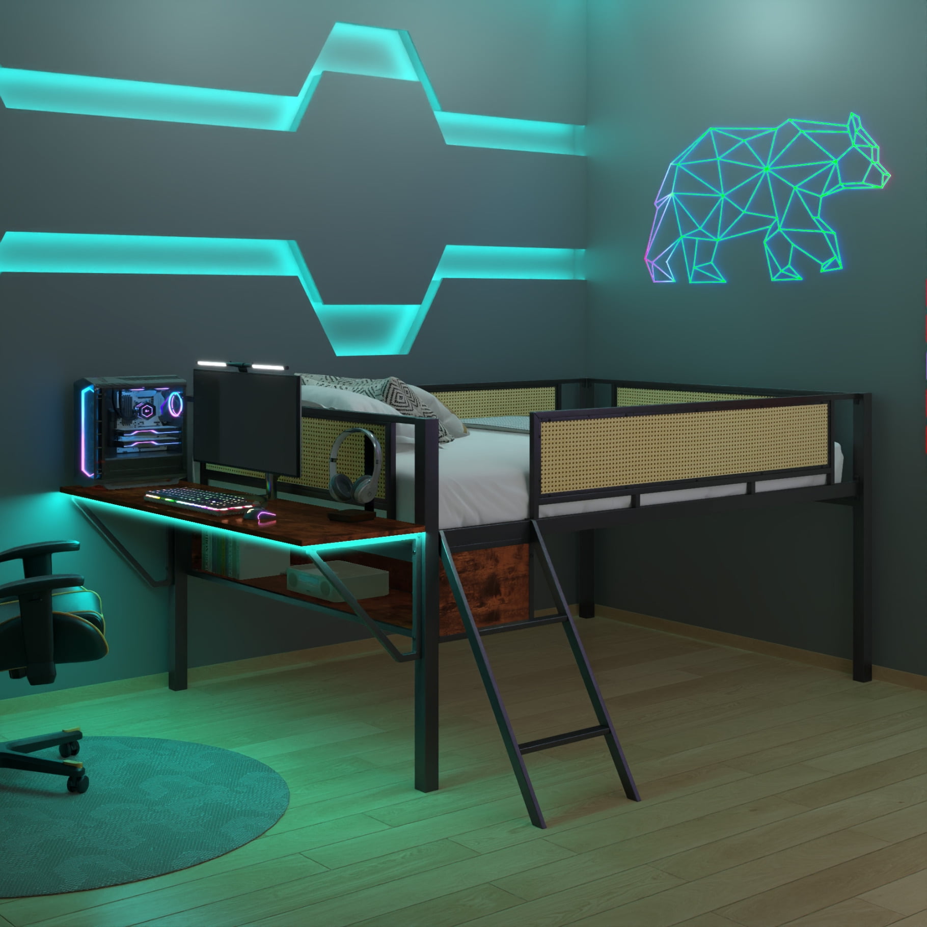 Full Size Metal Loft Bed with Gaming Desk & LED Lighting, Safety ...