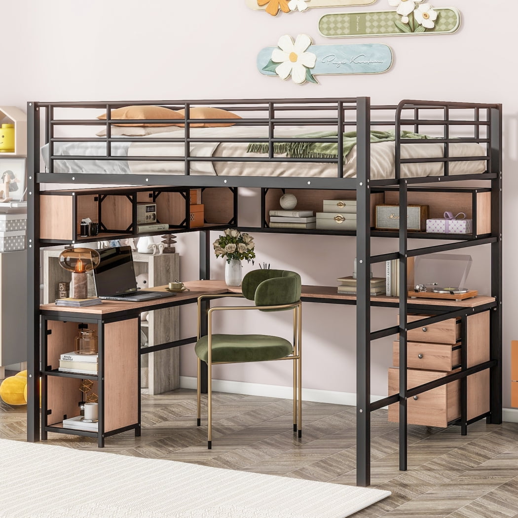 Full Size Metal Loft Bed, High Study Loft Bed Dorm Bed with Built-in L ...