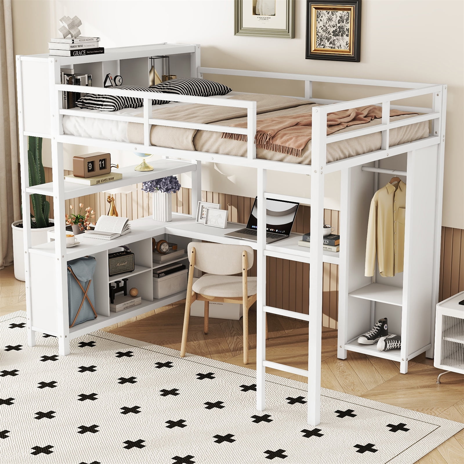 Full Size Metal Loft Bed with L-Shaped Desk and Built-in Wardrobe ...