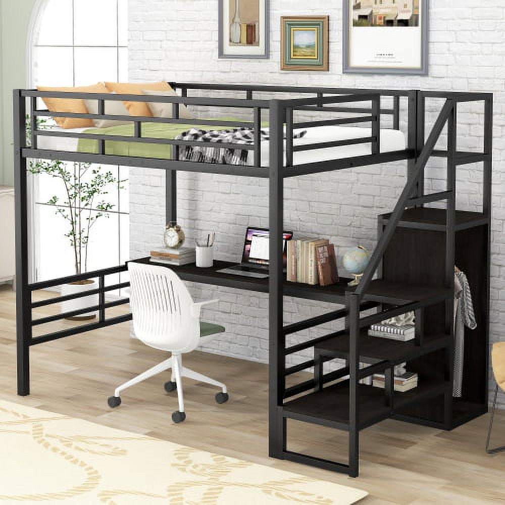 Full Size Metal Loft Bed With Storage Staircase And Small Wardrobe Heavy Duty Loft Bed Frame