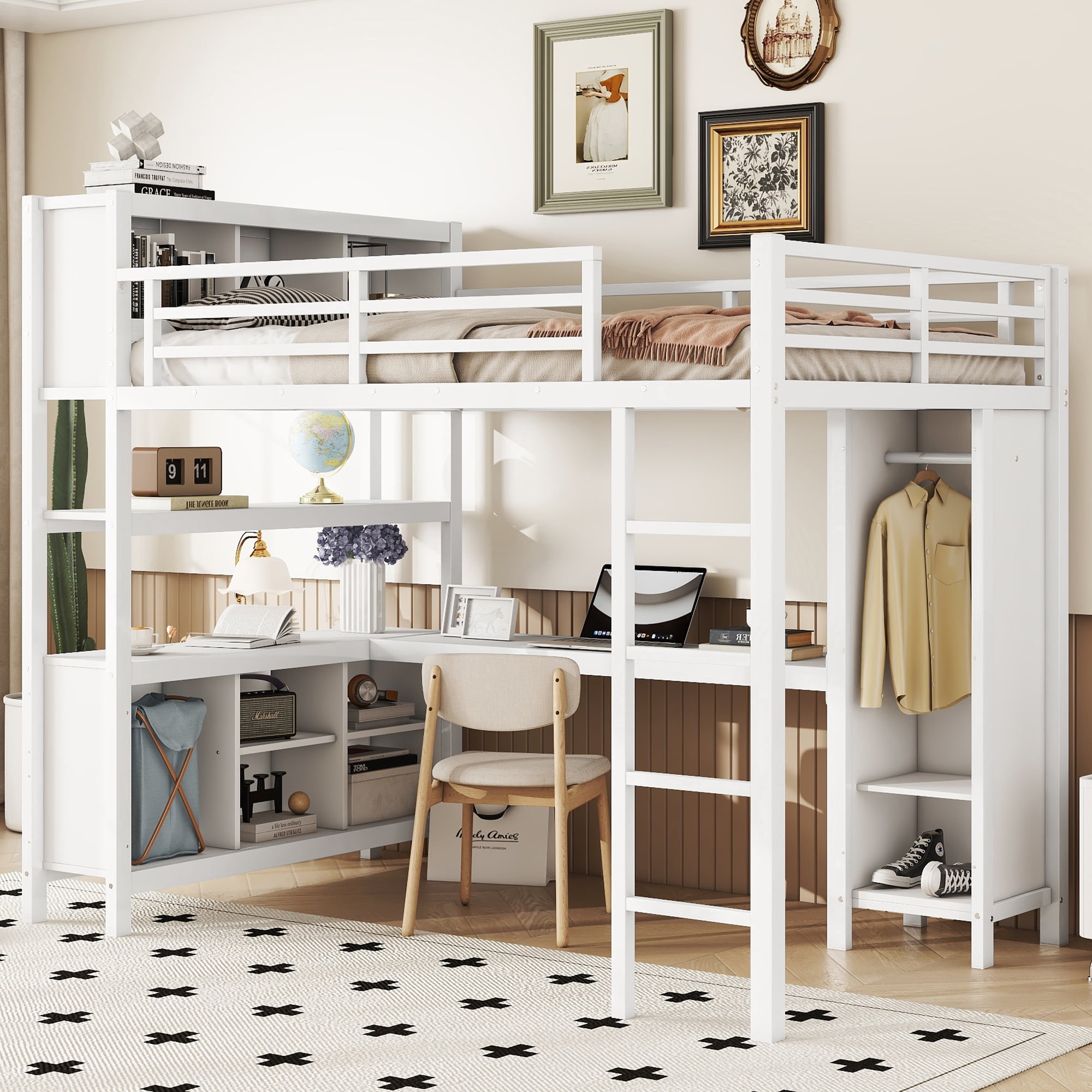 Full Size Metal Loft Bed with Wardrobe & Desk, White. Space-Saving Design for Teens/Adults ...