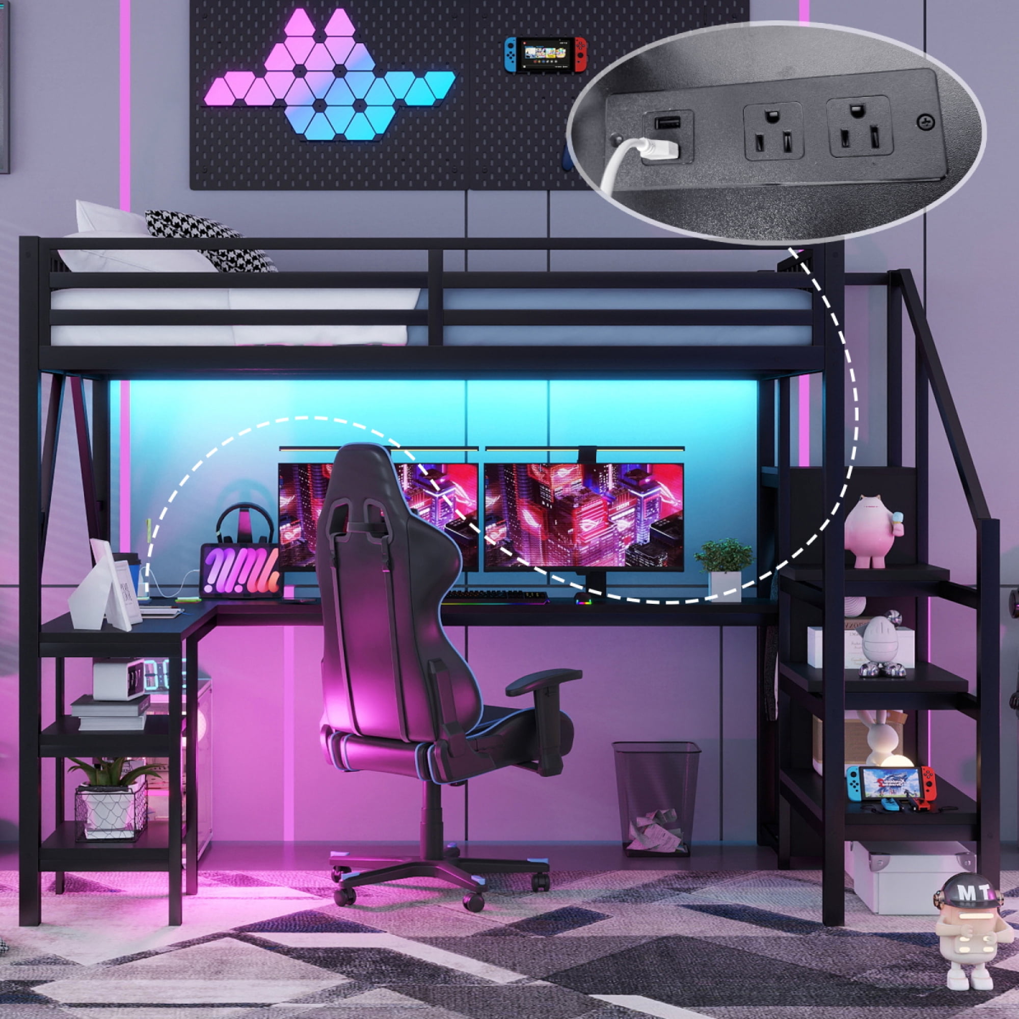 Full Size Metal Loft Bed - Wardrobe, L-Shaped Desk, LED Light & USB ...