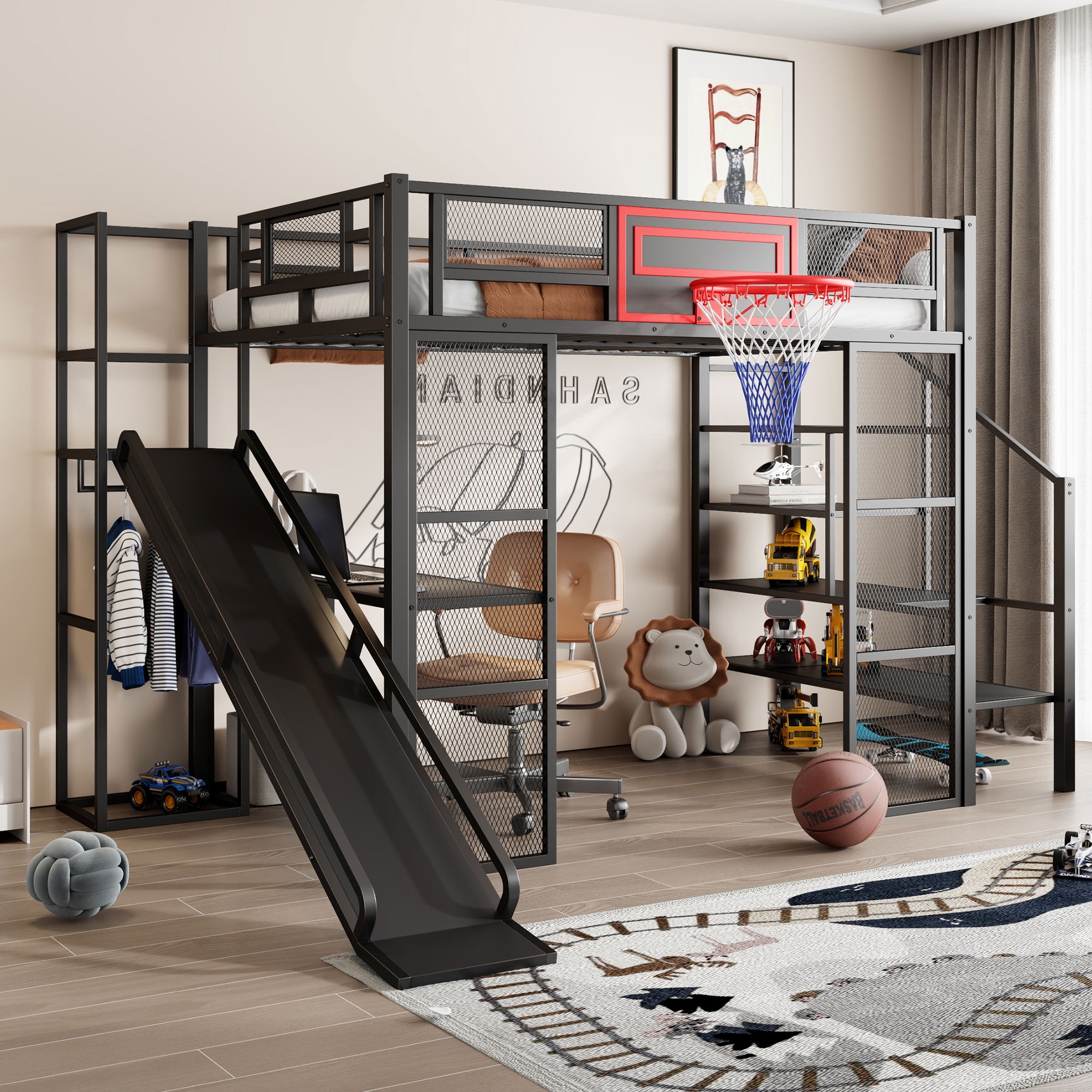 Full Size Metal Loft Bed With Built-In Desk, Open Wardrobe, Basketball ...