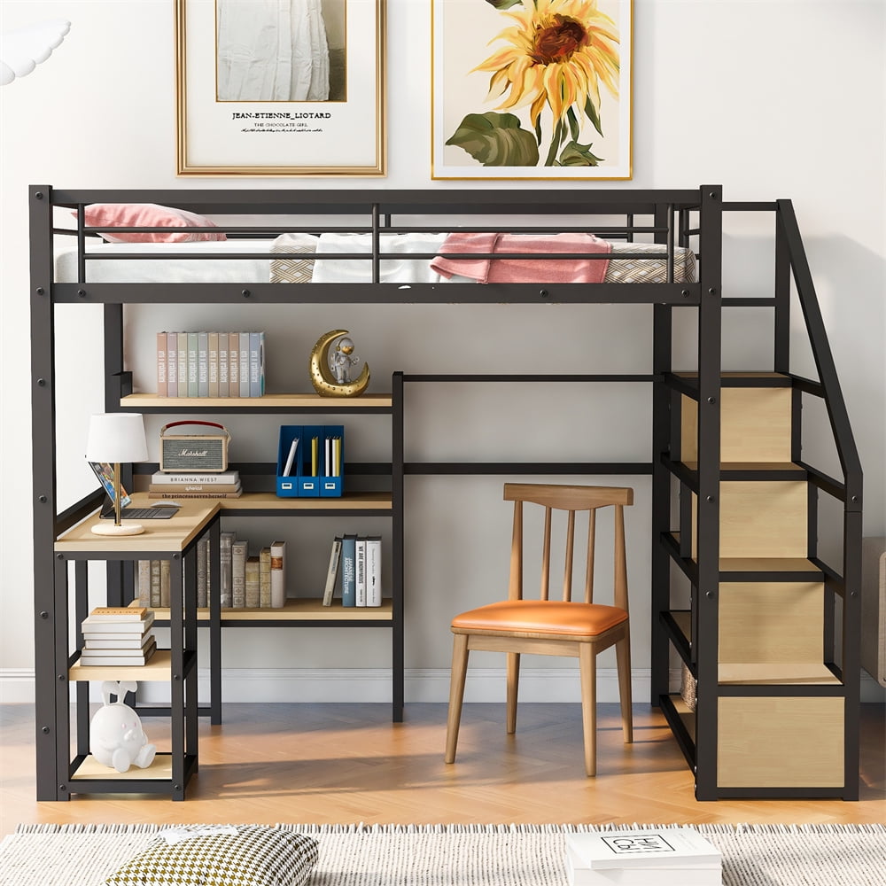 Full Size Metal Loft Bed with Built-in Desk and Shelves for Kids Teens, Heavy Duty Bed Frame ...