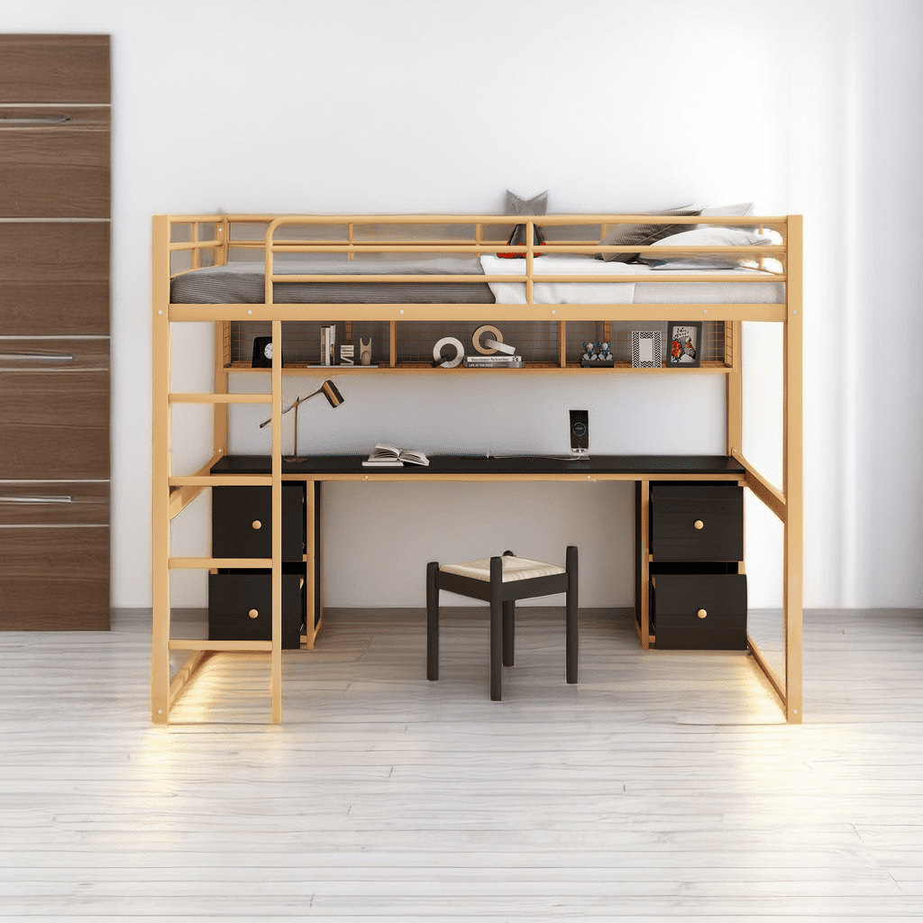 Full Size Metal Loft Bed with Desk, Cabinets, Drawers and Bedside Tray ...