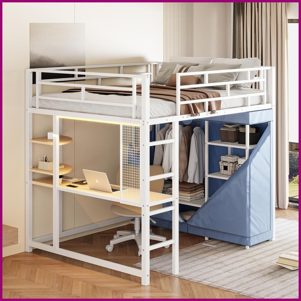 Full Size Metal Loft Bed with Desk Wardrobe Power Outlet LED Light ...
