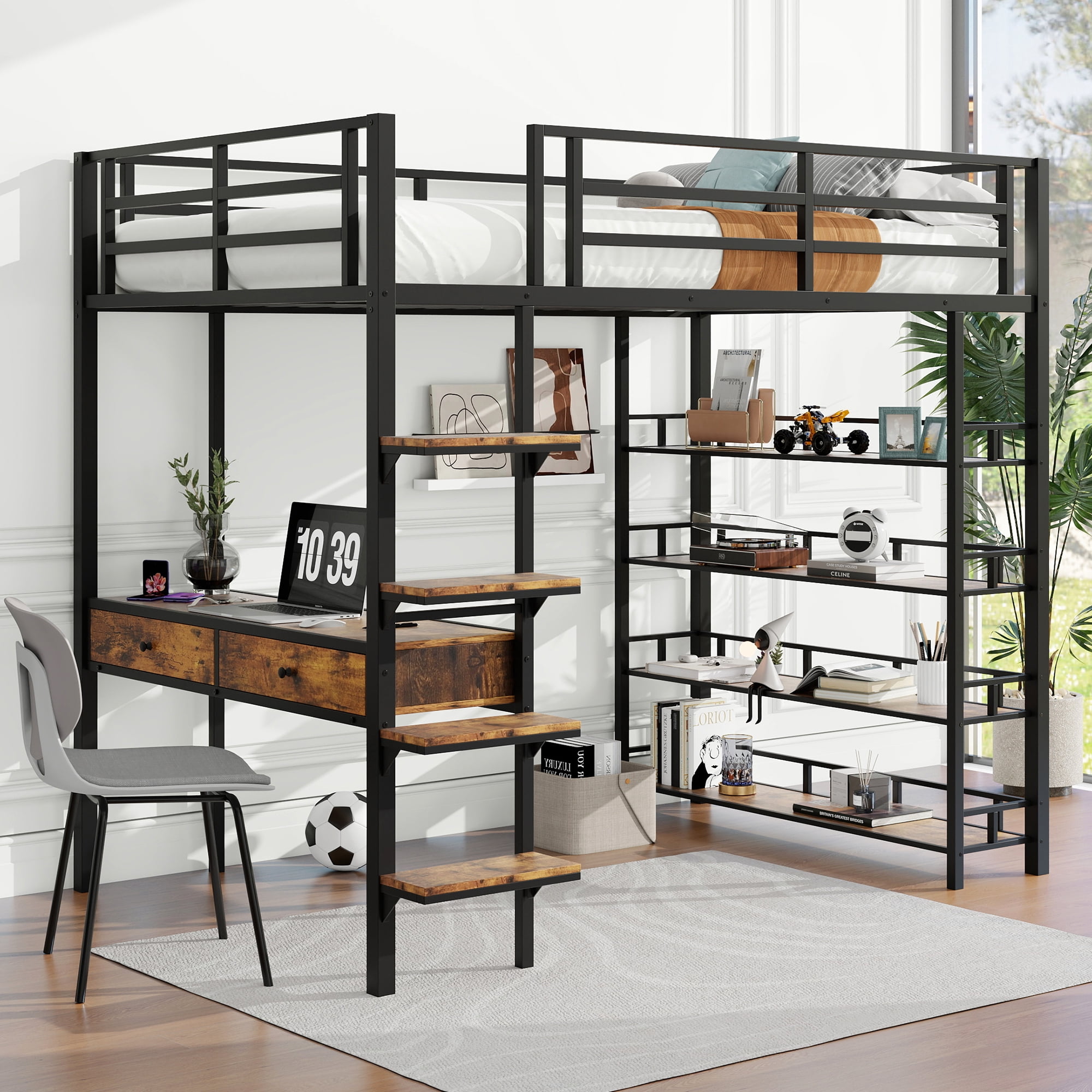 Full Size Metal Loft Bed with Desk and Shelves,Black,Black Solid Wood ...