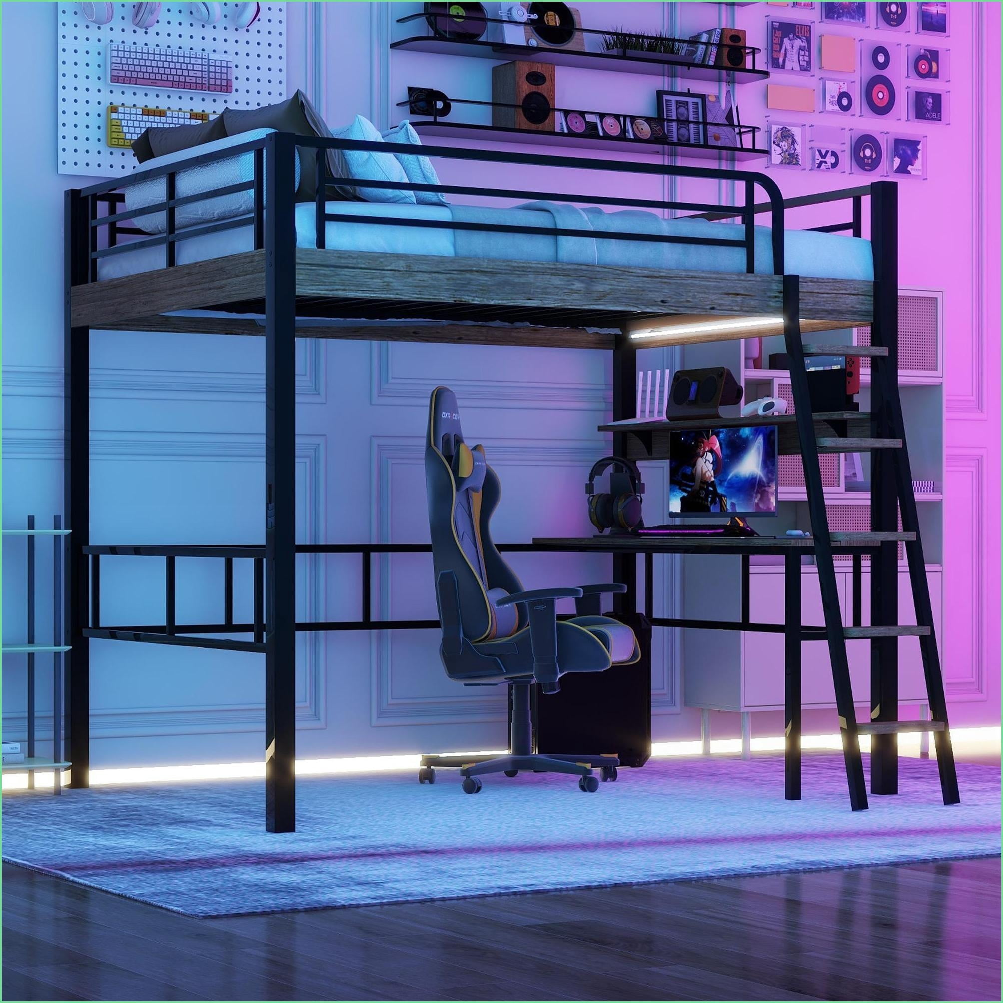 Full Size Metal Loft Bed with LED, Built-in Desk & Storage – Black ...
