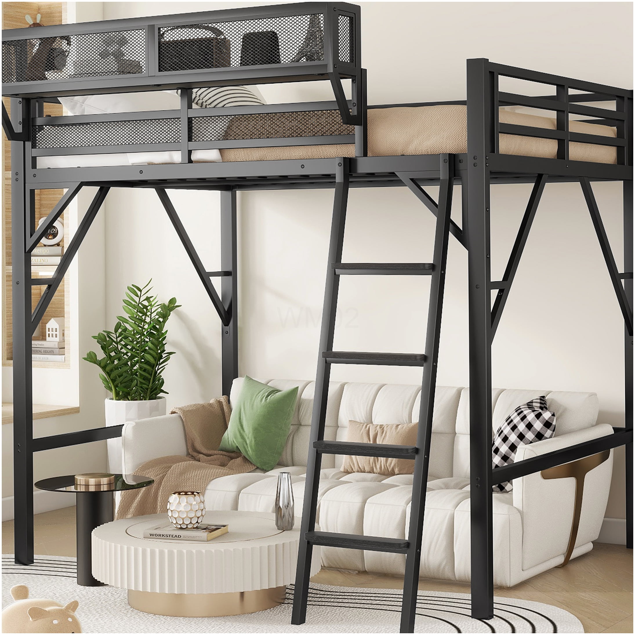 Full Size Metal Loft Bed with Ladder, Storage Shelves & Study Desk for ...