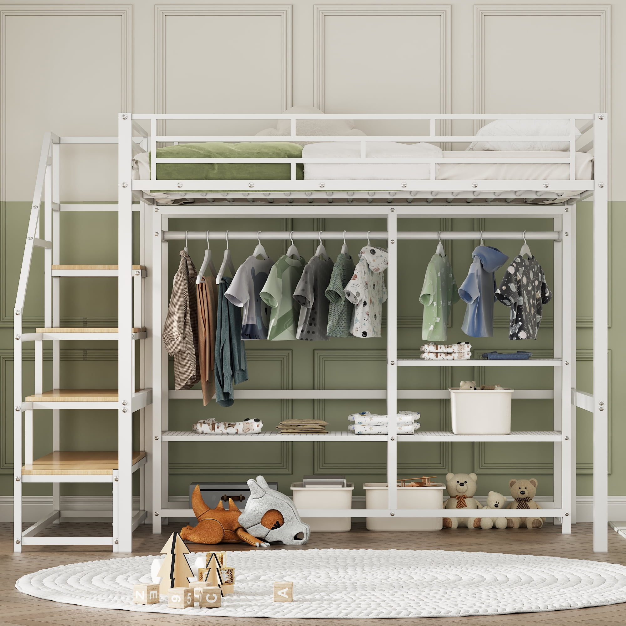Full Size Metal Loft Bed with Wardrobe and Storage Shelves, White ...