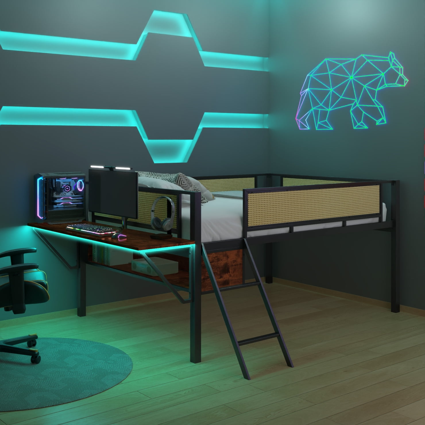 Full Size Metal Loft Gaming Bed with Desk and LED Lights, Modern Metal ...