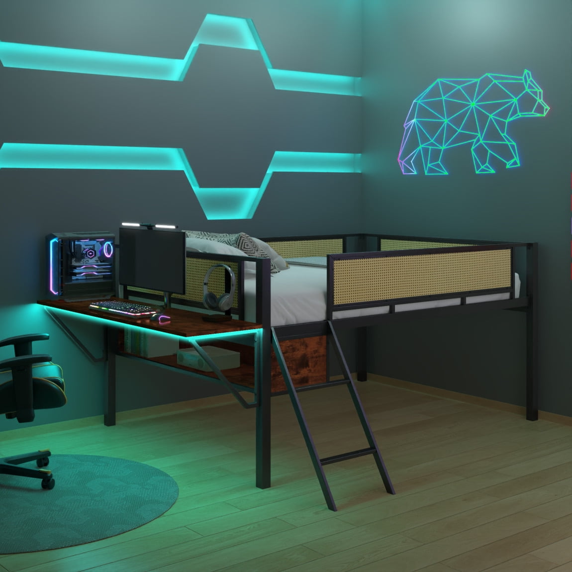 Full Size Metal Loft Gaming Bed with Desk and LED Lights,Modern Steel ...