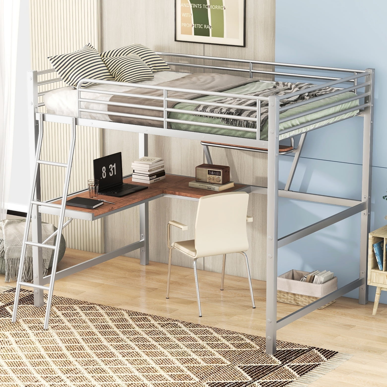 Full Size Metal & MDF Loft Bed, Heavy Duty Bed Frame with Desk and ...