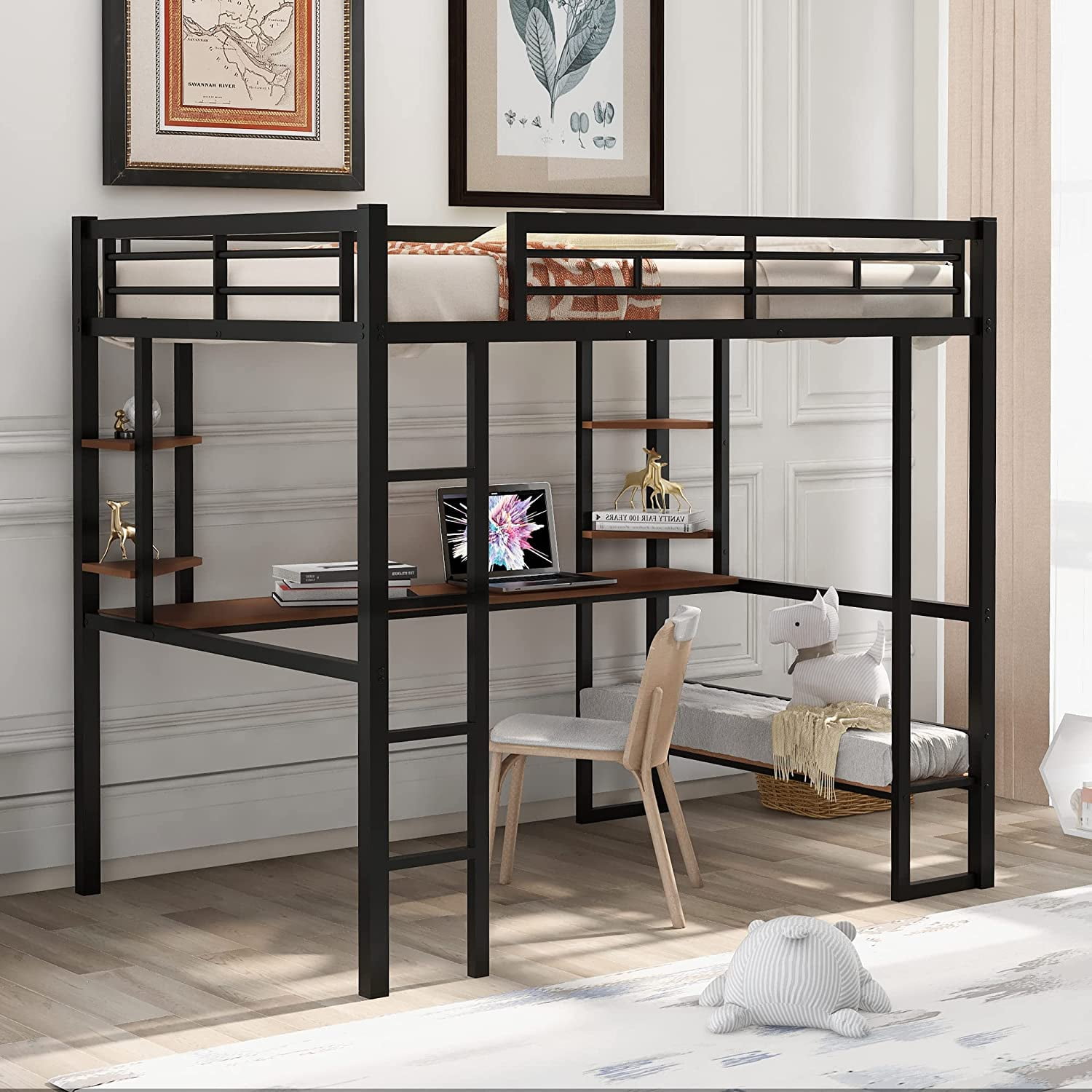 Full Size Metal and MDF Loft Bed, Modern Space-Saving Bed Frame with ...