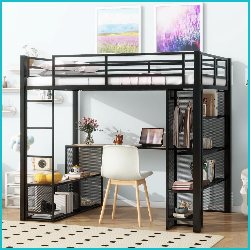 Full Size Metal & MDF Loft Bed with Storage Desk, Shelves & Wardrobe ...