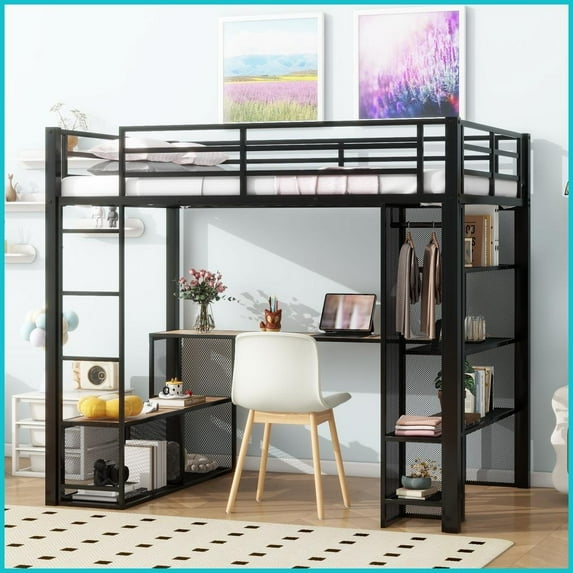 Full Size Metal & MDF Loft Bed with Storage Desk, Shelves & Wardrobe ...