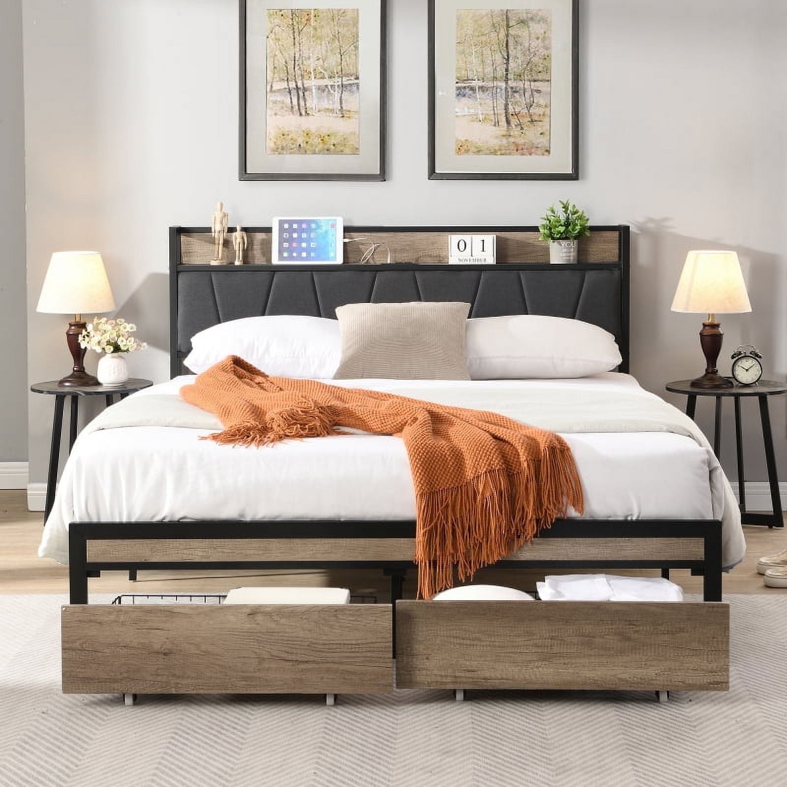 Full-Size Metal Platform Bed Frame, Upholstered Storage Headboard ...