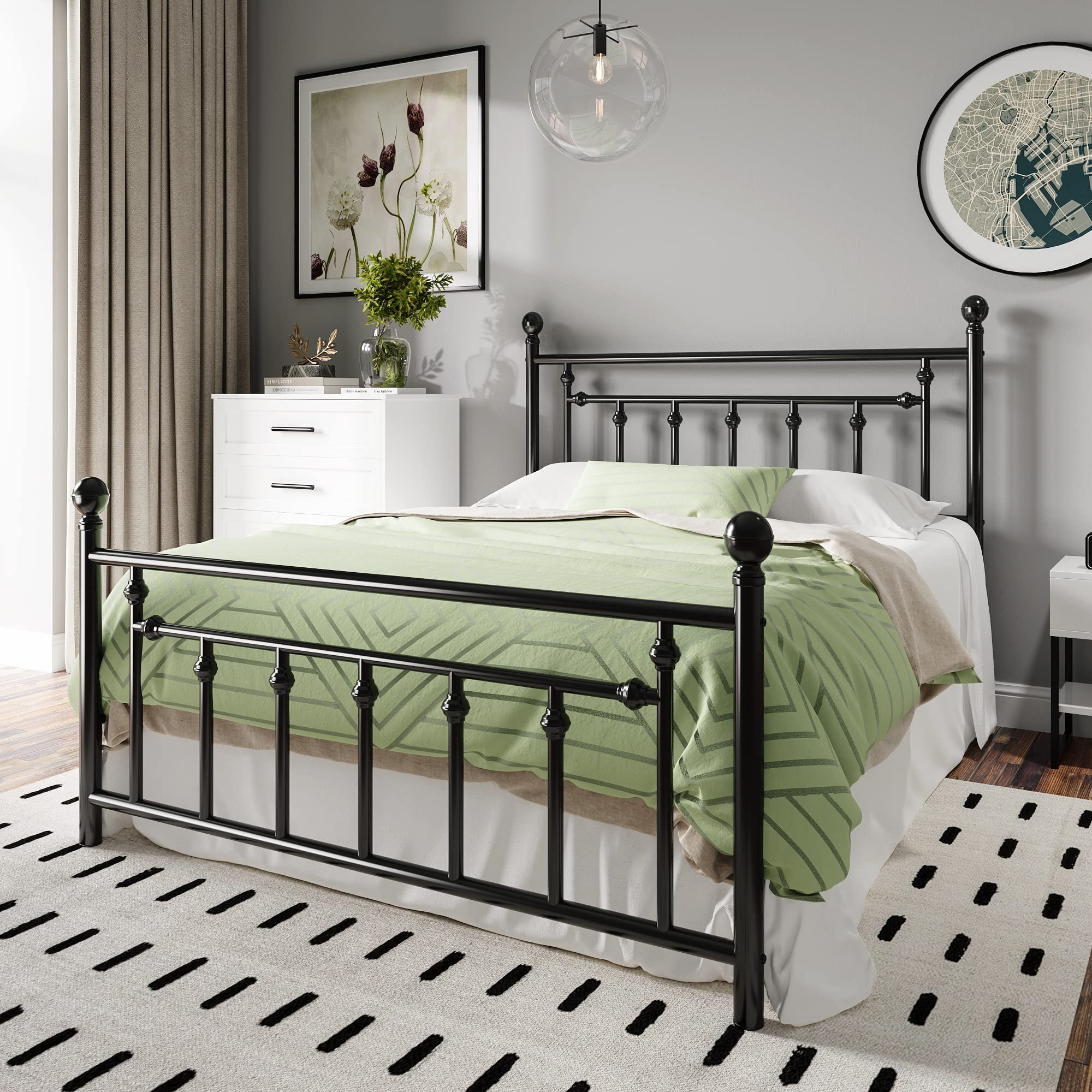 Full Size Metal Platform Bed Frame/Victorian Style Iron-Art Headboard ...