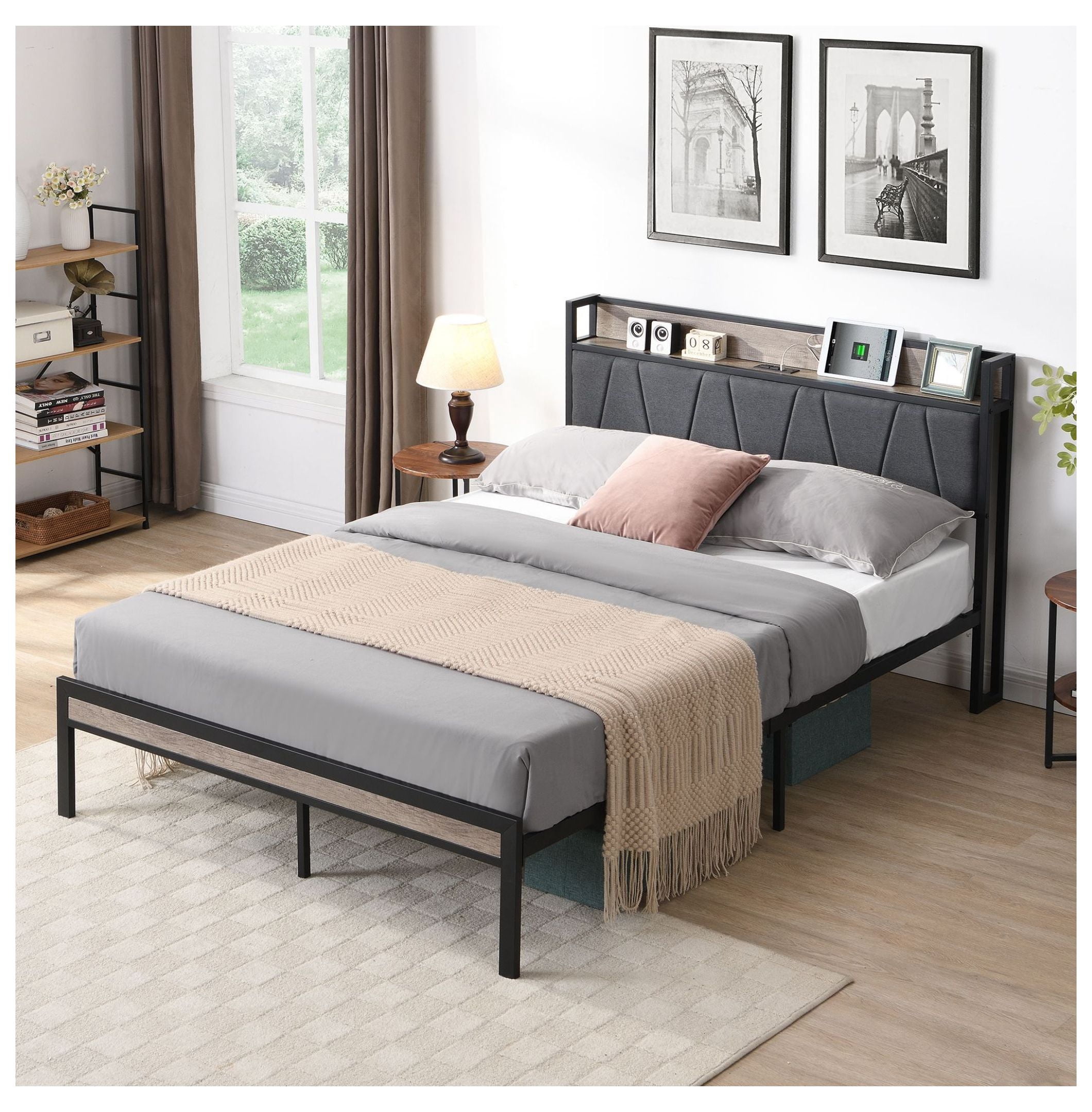 Full Size Metal Platform Bed Frame with upholstery storage function ...