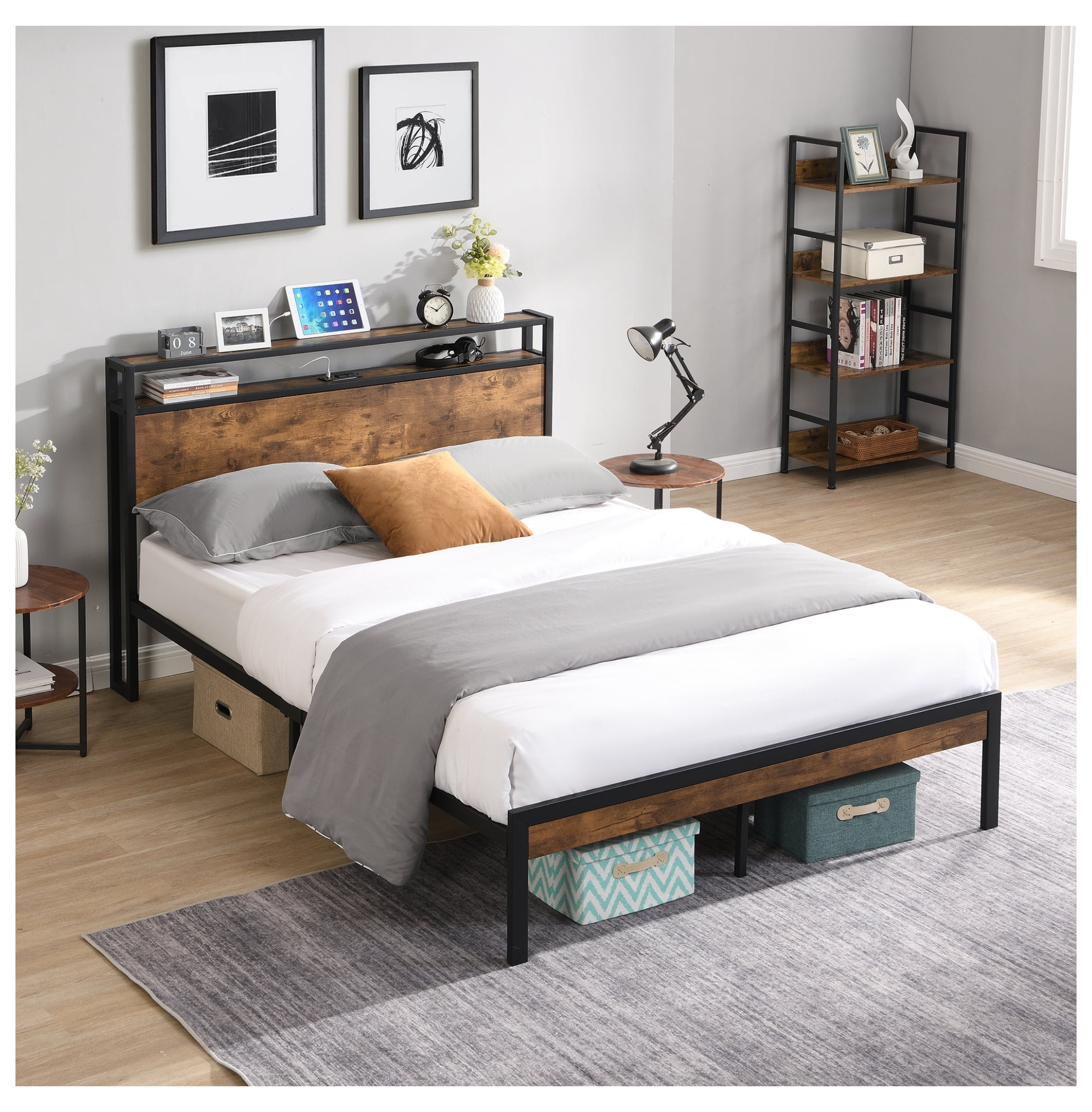 Full Size Metal Platform Bed Frame with Headboard & USB Liner - No Box ...