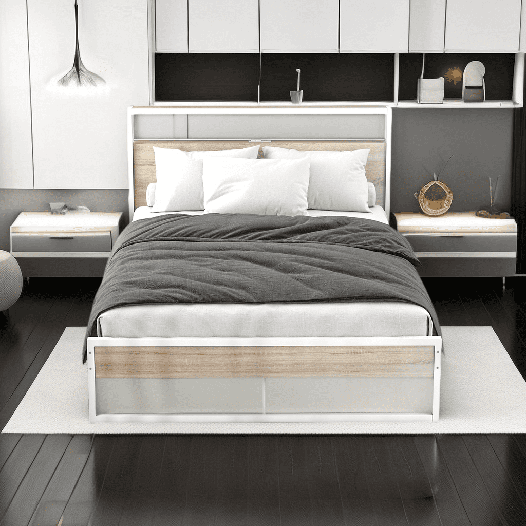 Full Size Metal Platform Bed Frame with Sockets, USB Ports and Slat ...