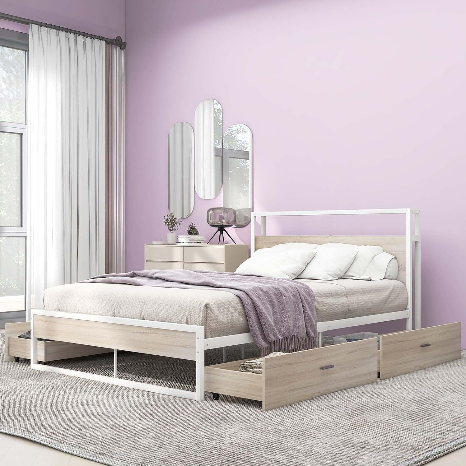 Full Size Metal Platform Bed Frame with Sockets and USB Ports, Storage ...