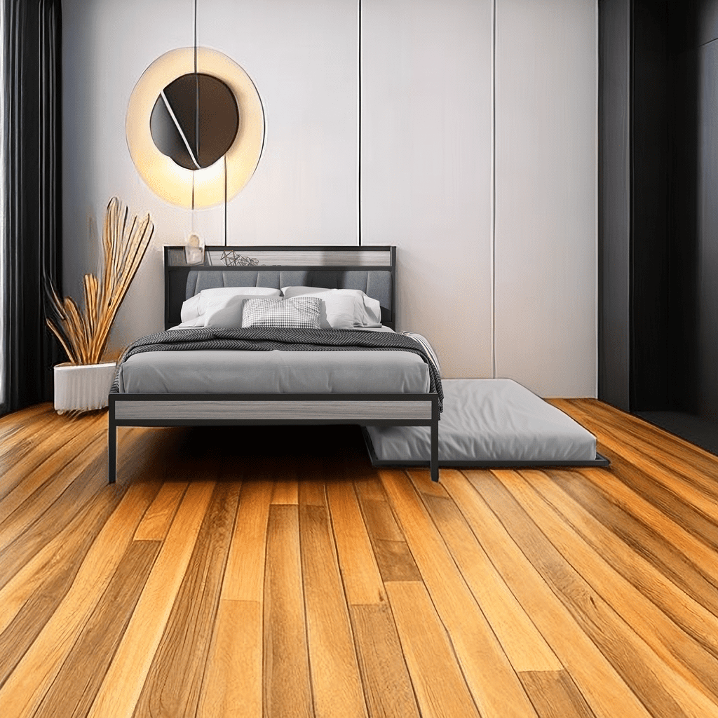 Full Size Metal Platform Bed Frame with Twin Size Trundle, Upholstered ...