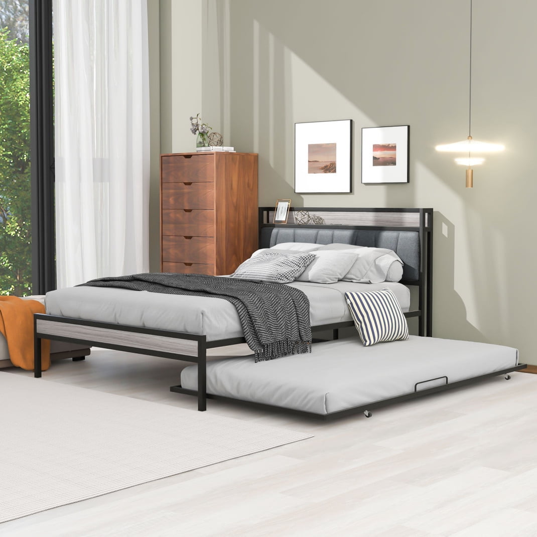 Full Size Metal Platform Bed Frame with Twin size trundle, Upholstered ...