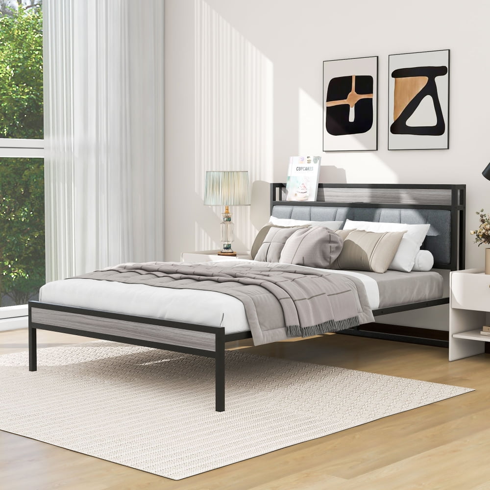 Full Size Metal Platform Bed with Headboard, Heavy Duty Metal Storage ...