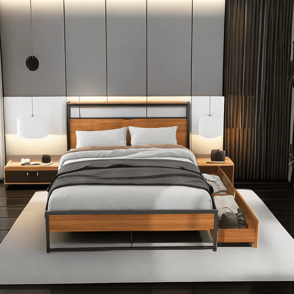 Full Size Metal Platform Bed with Headboard, Metal Storage Bed Frame ...