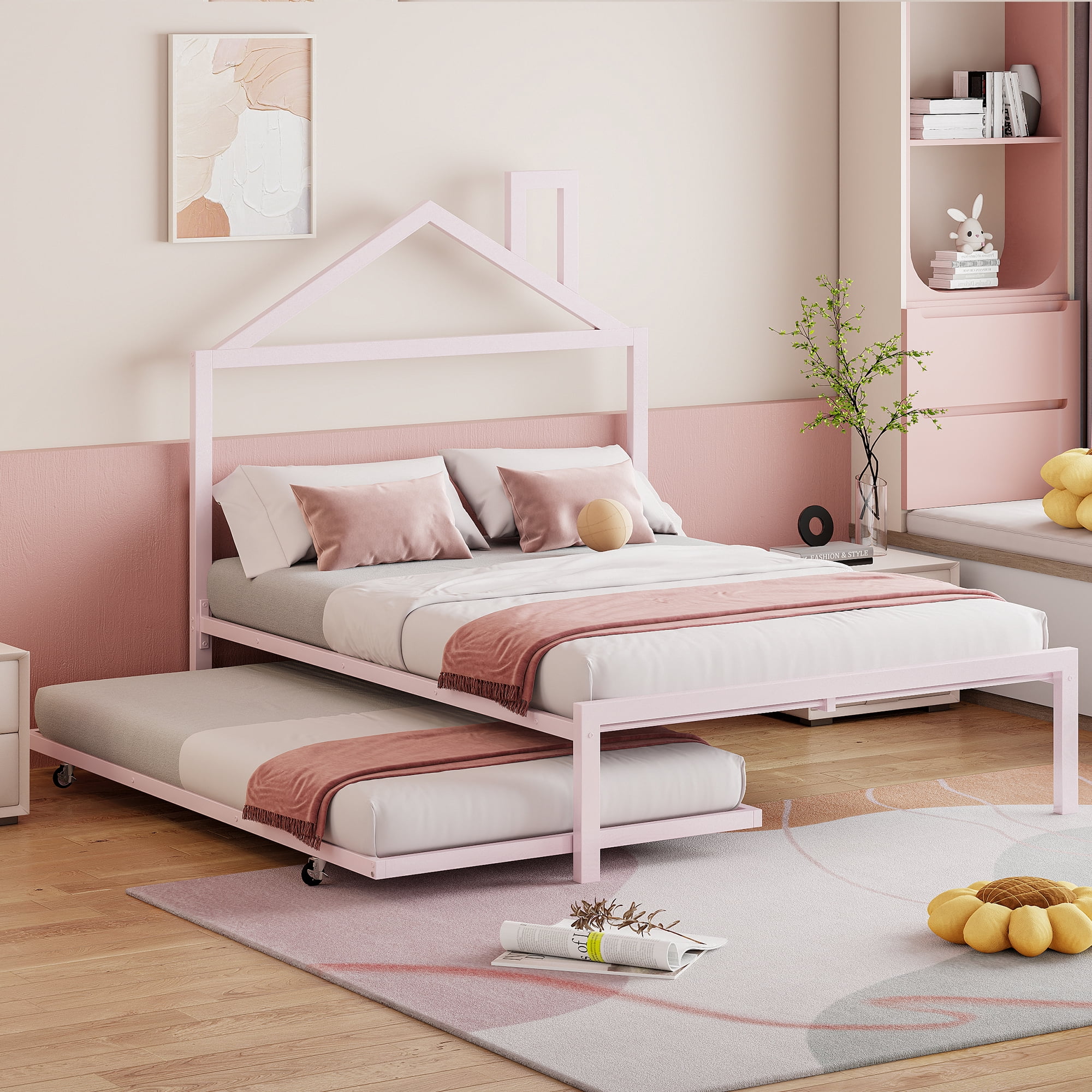 Full Size Metal Platform Bed with twin size trundle,House-Shaped ...