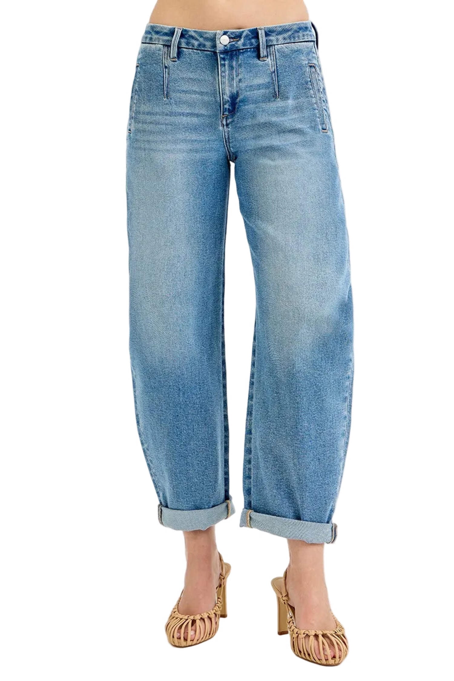 Full Size Mid Rise Fit Barrel Roll Up Jeans - Walmart.com