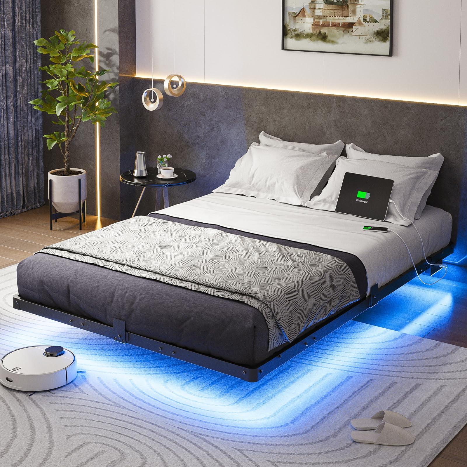 Full Size Modern Floating Bed Frame with Smart LED Lights, USB Charging ...