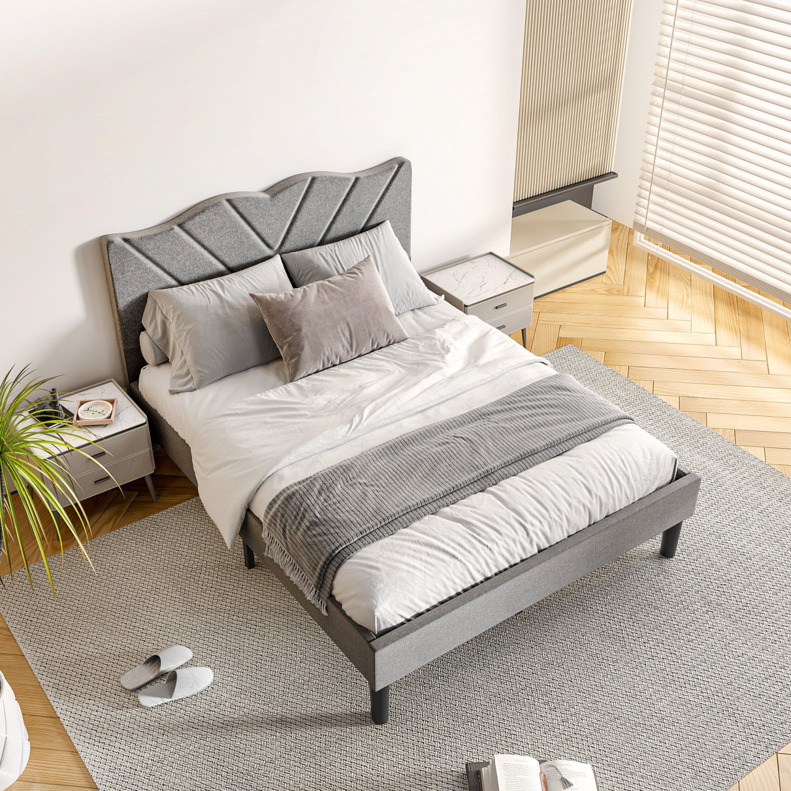 Full Size Modern Platform Bed Frame with Mattress Headboard and Wooden ...