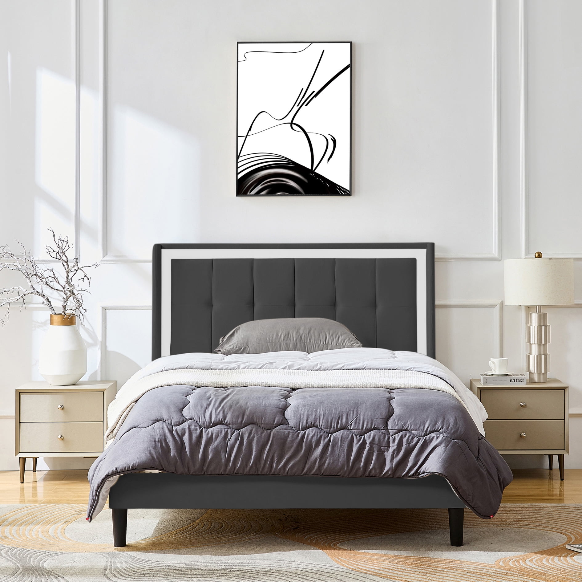 Full Size Modern Platform Bed, Upholstered Bed Frame with Headboard ...