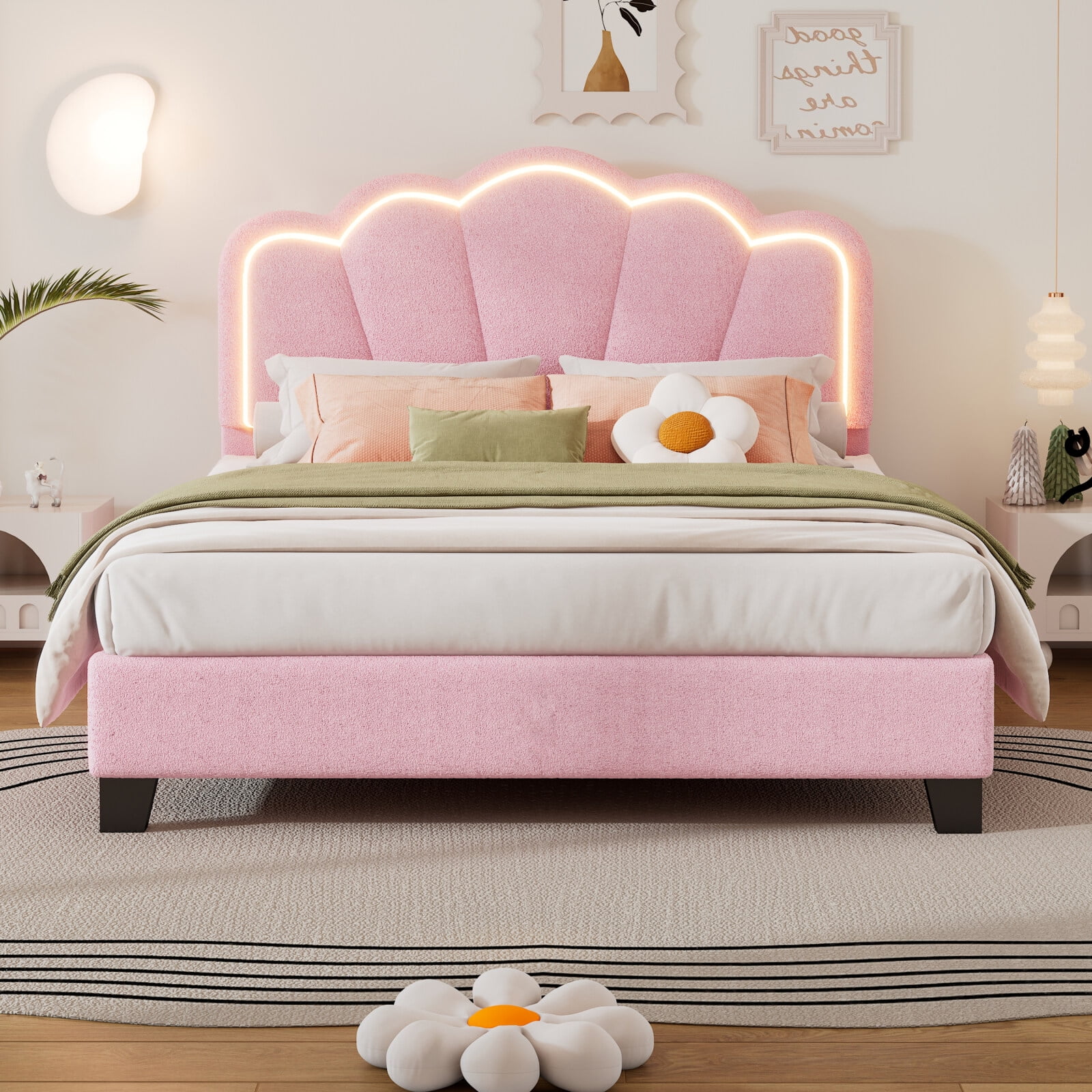 Full Size Modern Upholstered Flower-Shape Bed, Sherpa Fabric Platform ...
