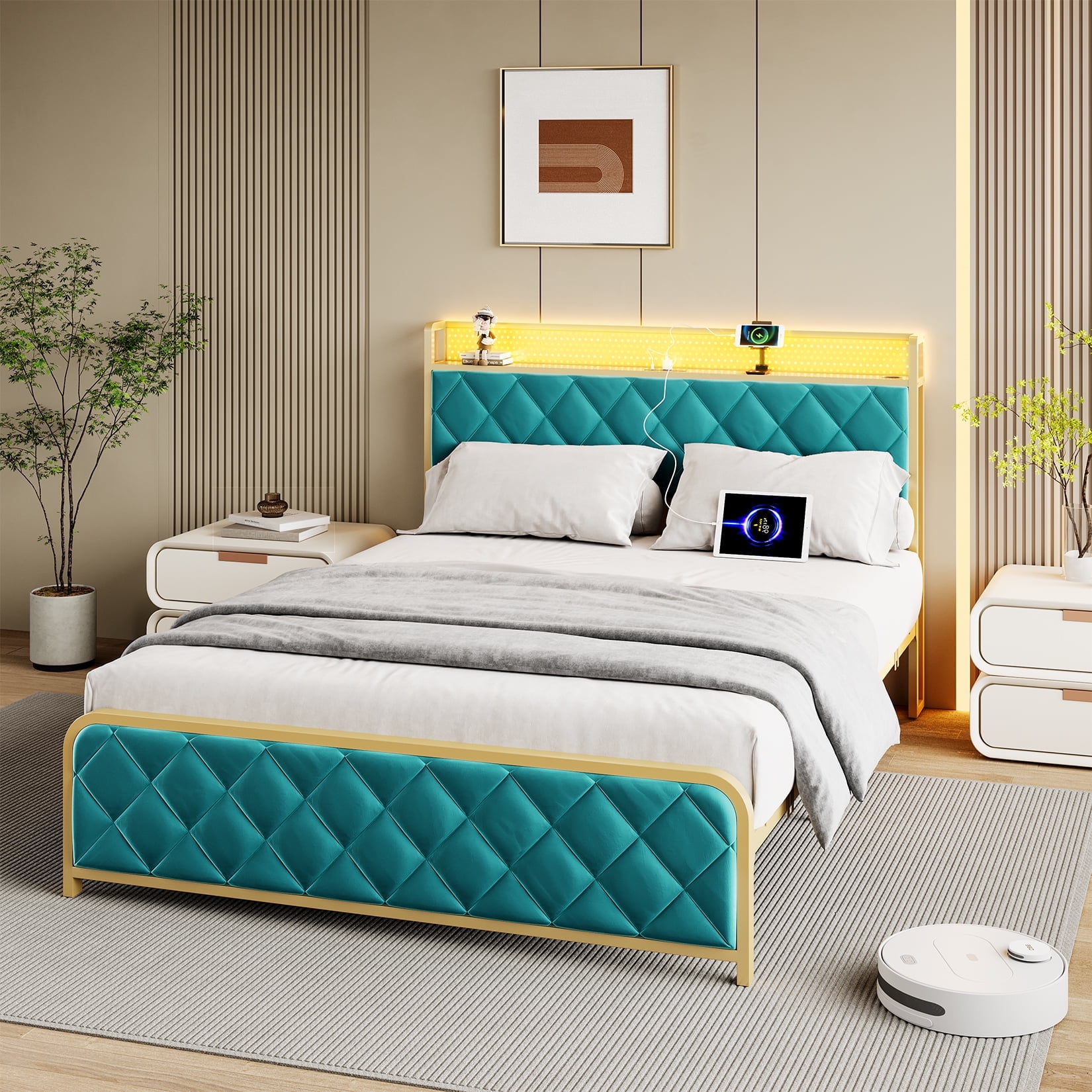 Full Size Modern Upholstered Platform Bed with APP Light Strip, Socket ...
