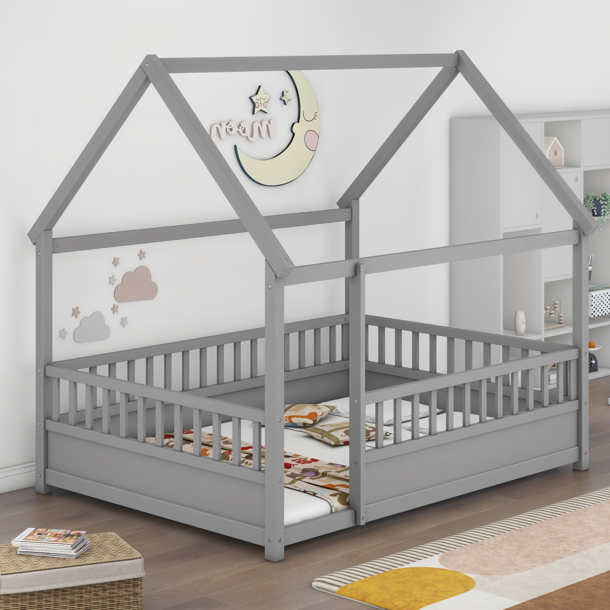 Full Size Montessori Bed, Wooden Floor House Bed with 20" High Fence ...
