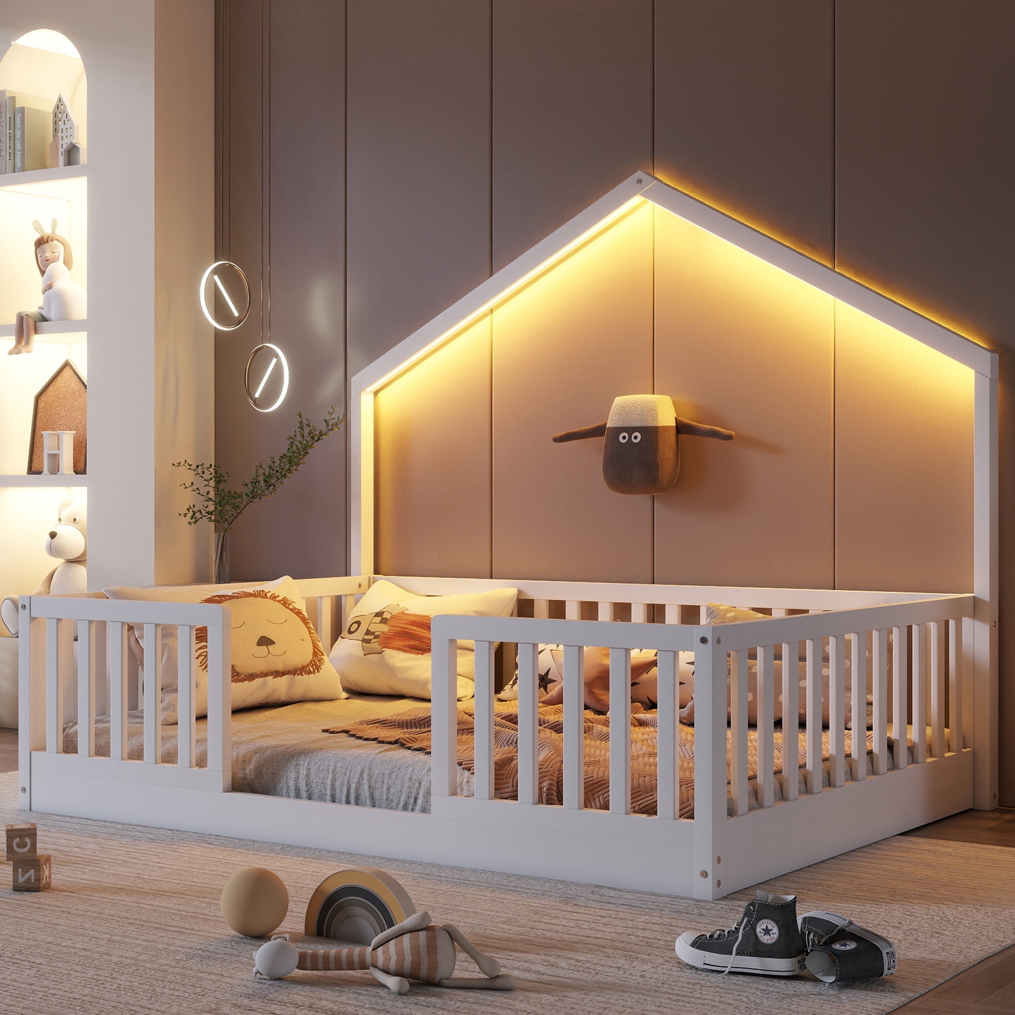 Full Size Montessori Floor Bed with High Rails, Wood House Beds Frame ...