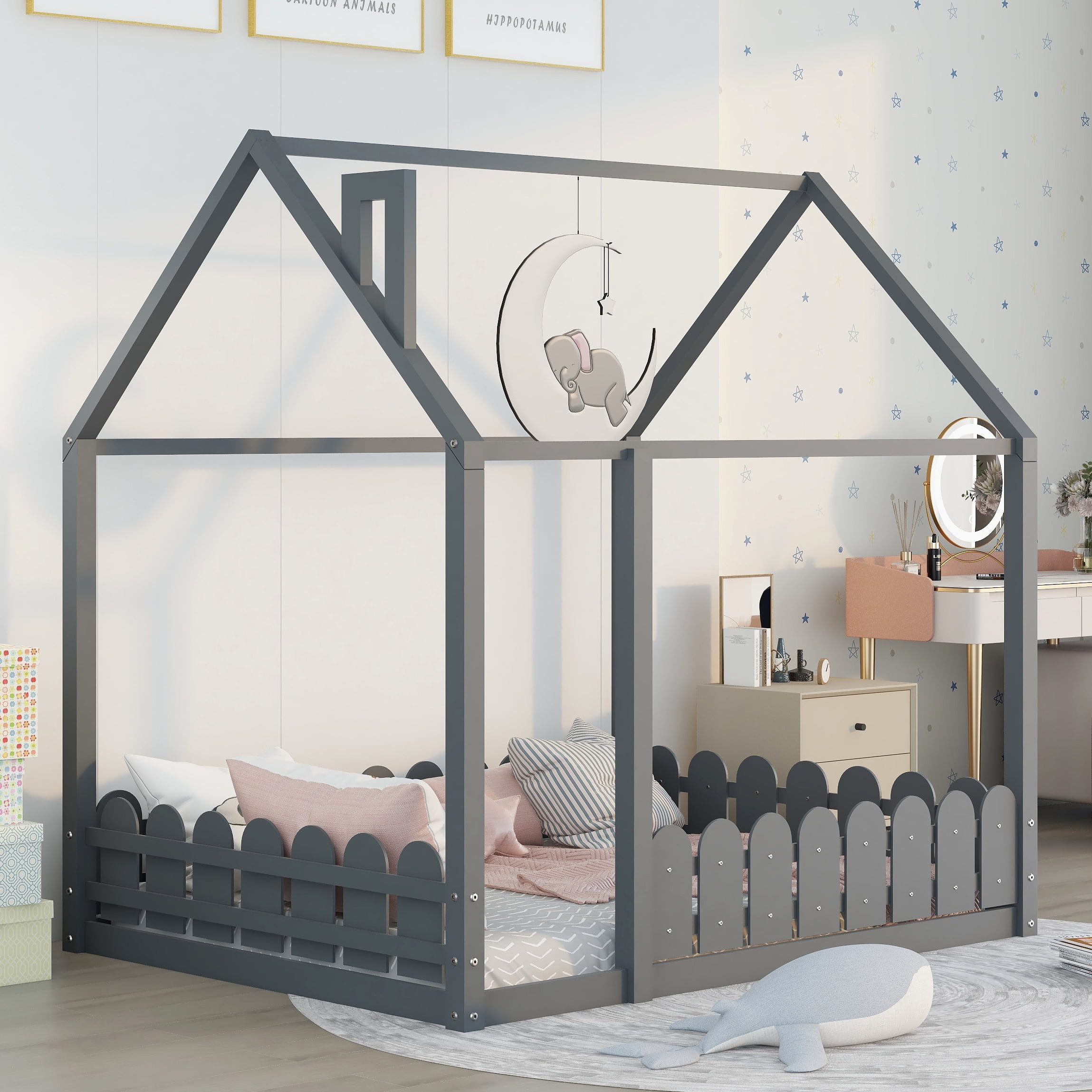 Full Size Montessori Toddler Bed, Wood House Floor Bed with Fence ...